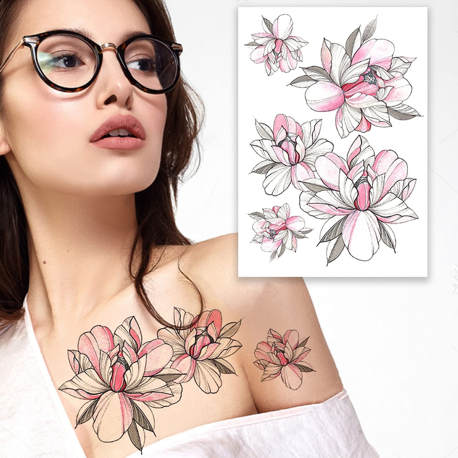 Set Of 8 Temporary Tattoos Fake Flower Stickers Semi Permanent Etsy