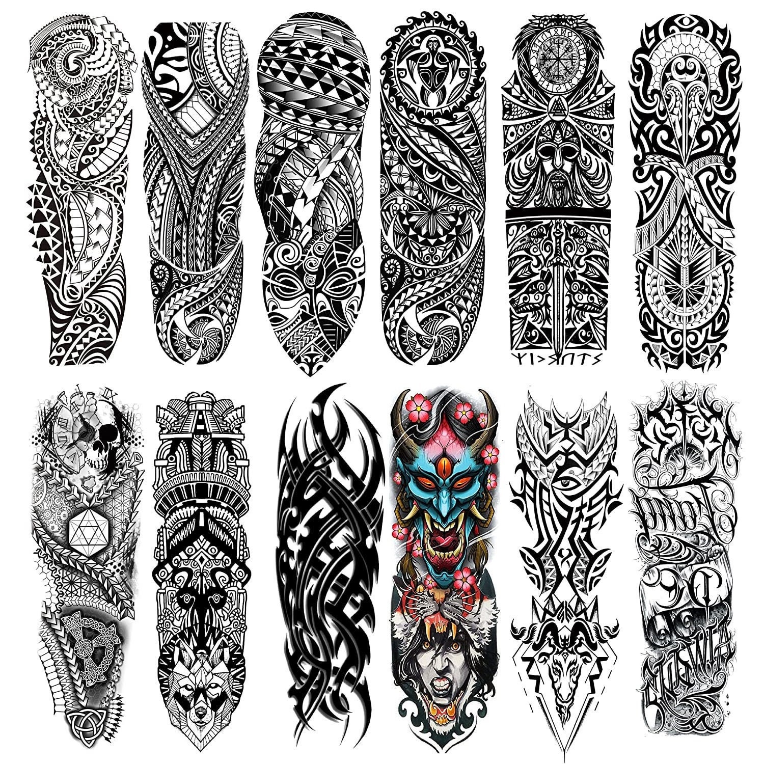 Set of 12 Full Arm Tattoo Sleeves Temporary Large Fake Body Art Arm ...