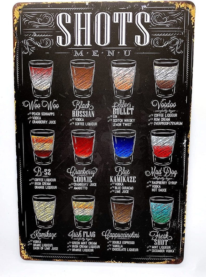 Shots Menu Retro Vintage Pub Bar Wall Decor Retro Vintage Metal Tin ...