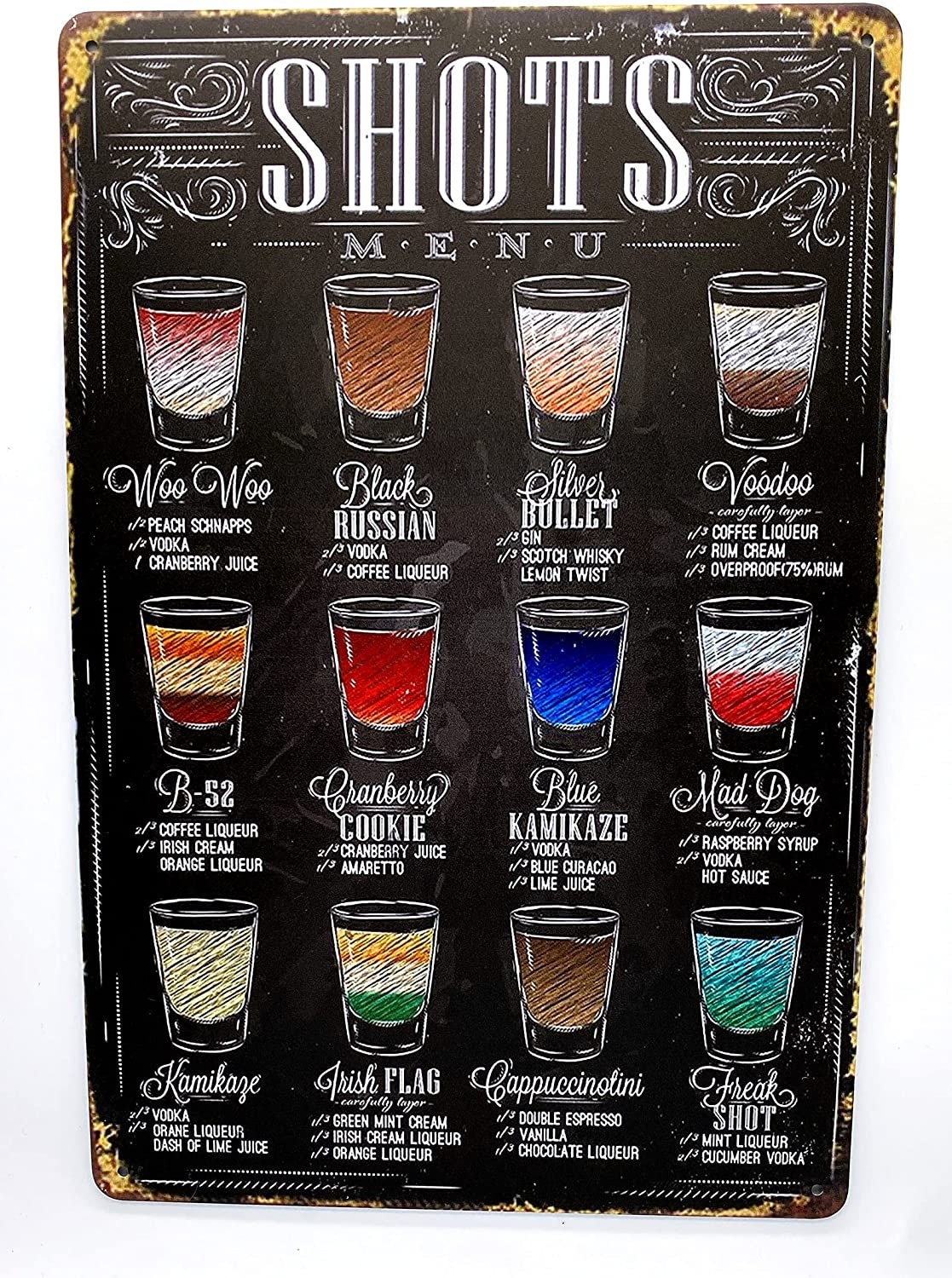 Shots Menu Retro Vintage Pub Bar Wall Decor Retro Vintage Metal Tin ...