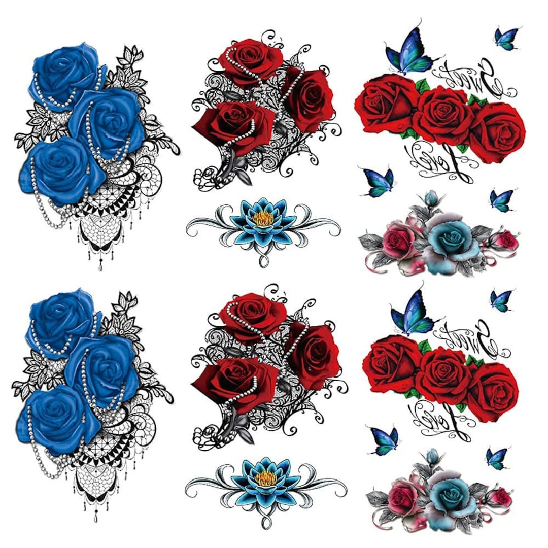 Red Roses and Pearls Set of 6 Temporary Tattoos Fake Flower Stickers ...