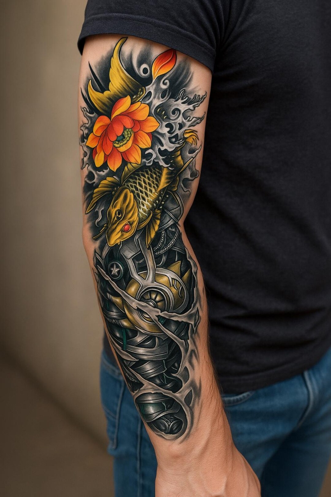 Cyborg Biometric Metal Skeleton Gold Koi Fish Lotus Temporary Sleeve ...
