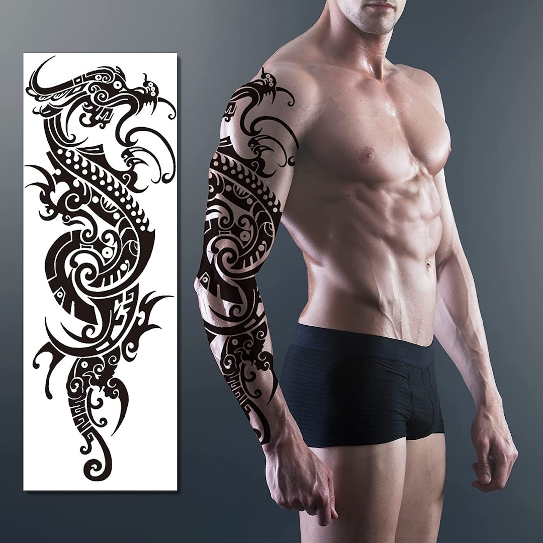 Chinese Black Tribal Dragon Sleeve Temporary Tattoo Realistic Looking ...