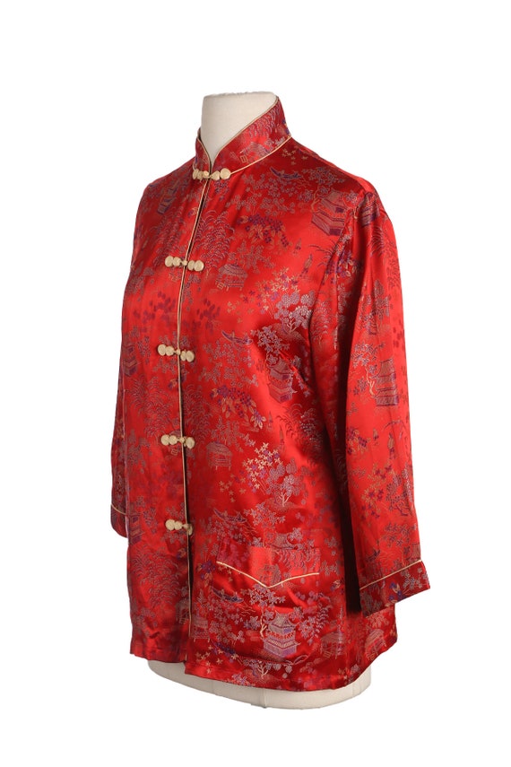 Vintage Cheongsam Jacket - Red Brocade Plant Print - Gem