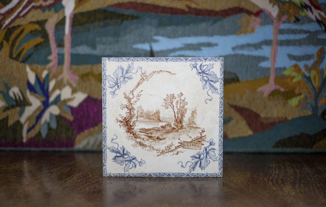 Old Ceramic Tile, the Pond, Earthenware Trivet, Landscape Tile ...