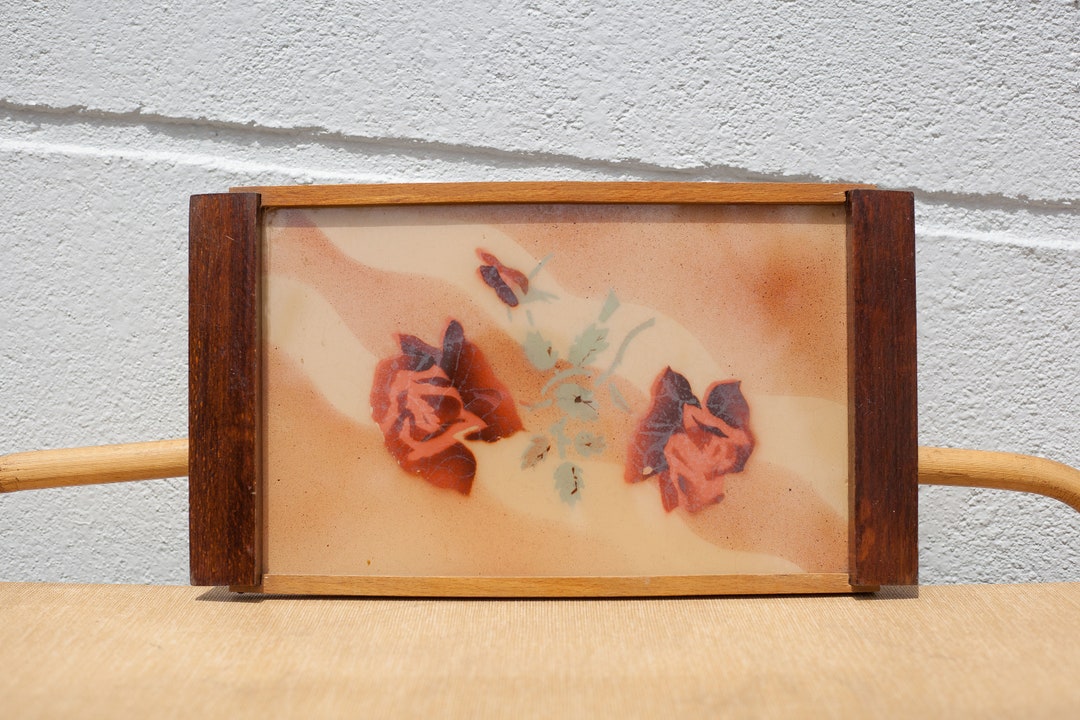 Wooden Tray, Pink Flower Pattern Serving Tray, Decorative Tray, Servant ...