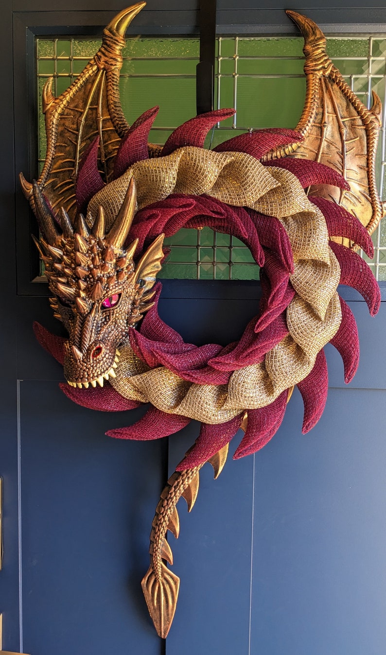 Gold Burgundy Dragon Wreath With Wings and Tail, With/without Fire - Etsy