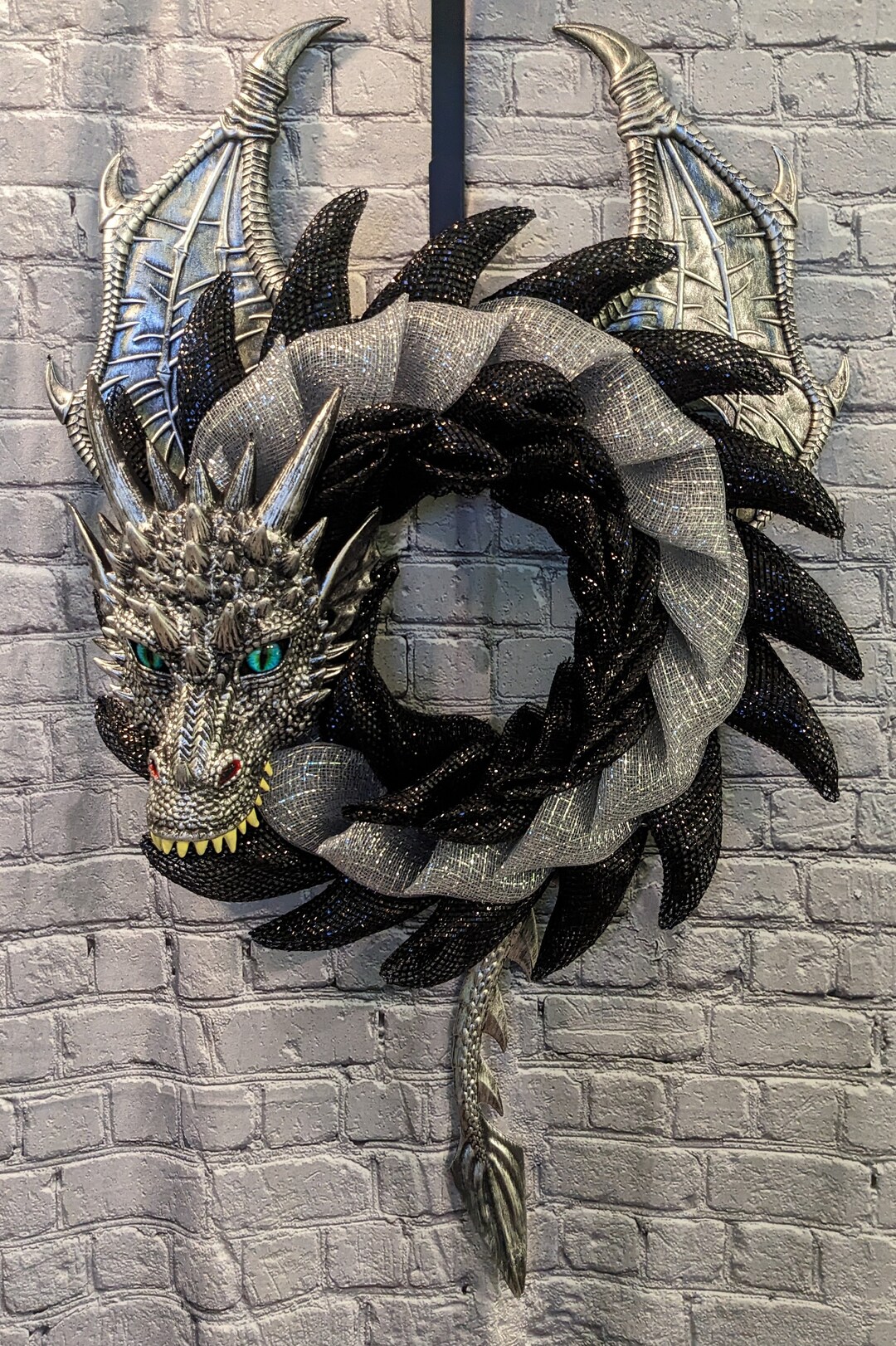 Black Silver Dragon Wreath With Wings and Tail, With/without Fire - Etsy