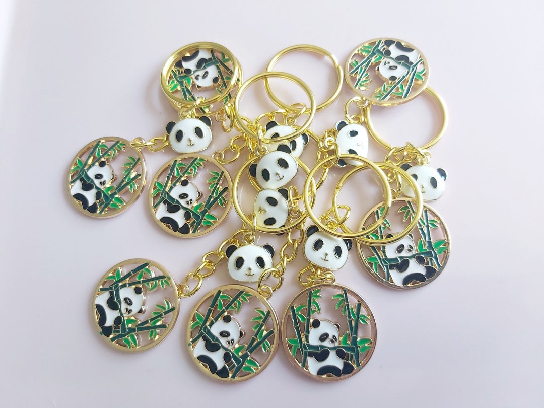 Panda Keyring Gold Colour. Happy Panda Keychain Eating Bamboo or ...