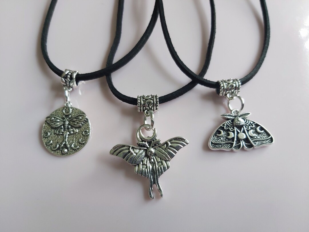 Lunar Moth Pendant: Silver Tone Charm, Black Faux Suede Cord ...
