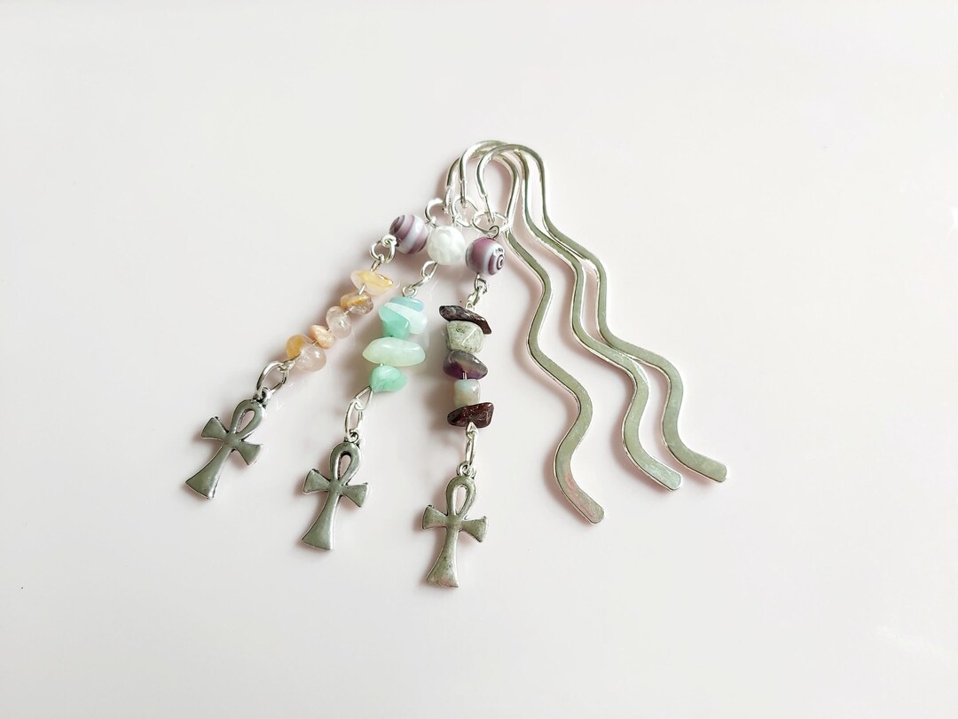 Egyptian Ankh Bookmark: Silver Tone, Natural Stone Crystals - Etsy