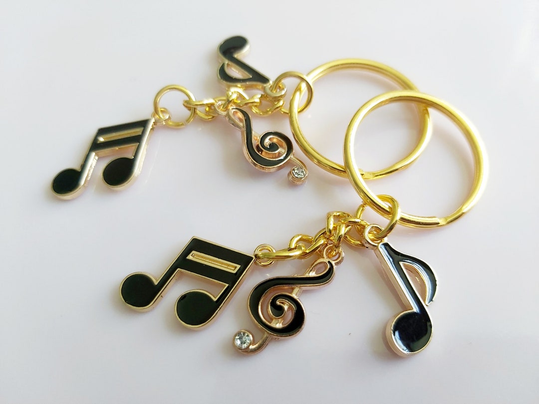 Music Note Keyring. Black Crochet Quaver and Treble Clef Charms on Gold ...