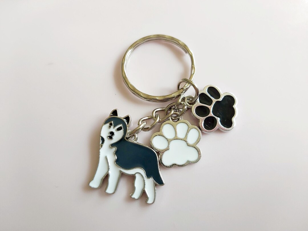 Husky Dog Keyring. Cute Black and White Canine With Complementary Paw ...