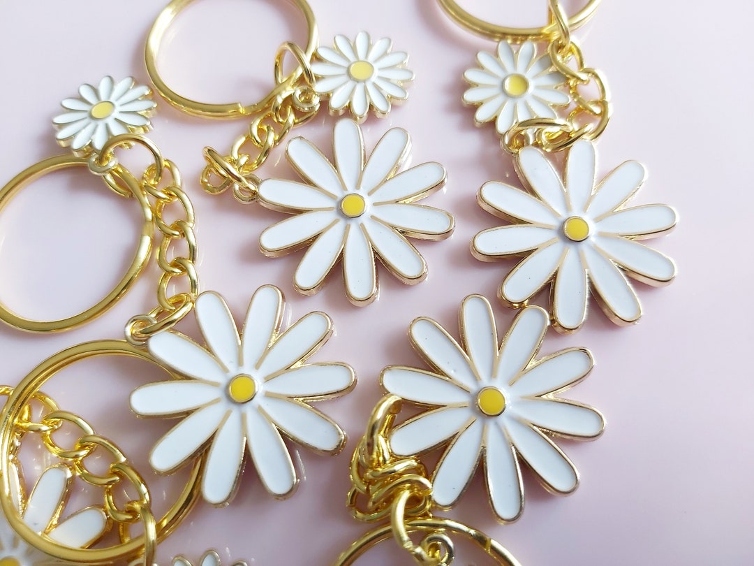 Double Daisy Keyring. White and Yellow Daisy Enamel Charms on Gold Tone Split Keyring. Danish ...