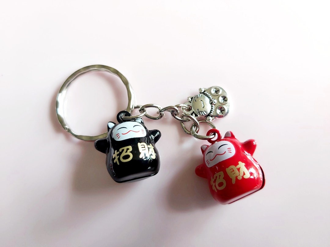Fortune Cat Bell Keyring. Black and Red Lucky Cat Japanese Good Luck ...