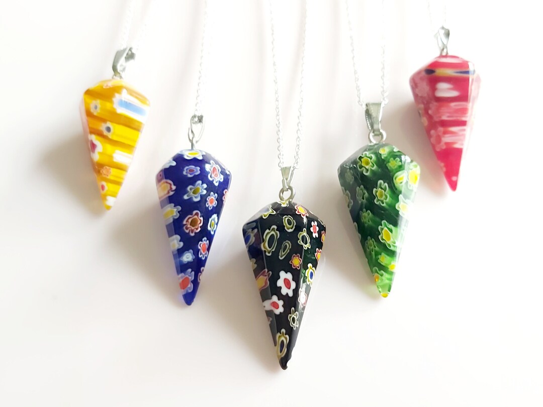 Millefiori Glass Cone Pendant. Conical Faceted Charm Black Blue Green ...