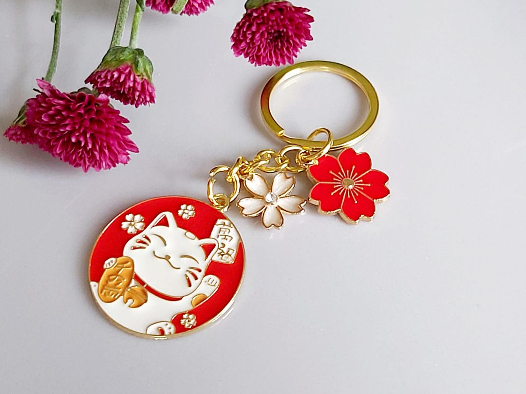 Maneki Neko Keychain: Lucky Cat Bag Charm With Sakura Flowers - Etsy