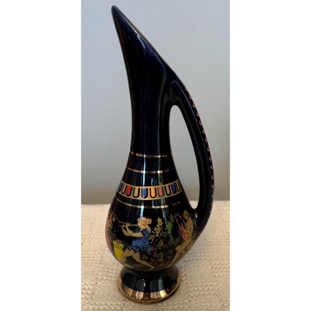 VTG Dark Blue Pitcher W Colorful Greek Motif Handmade in Greece With ...