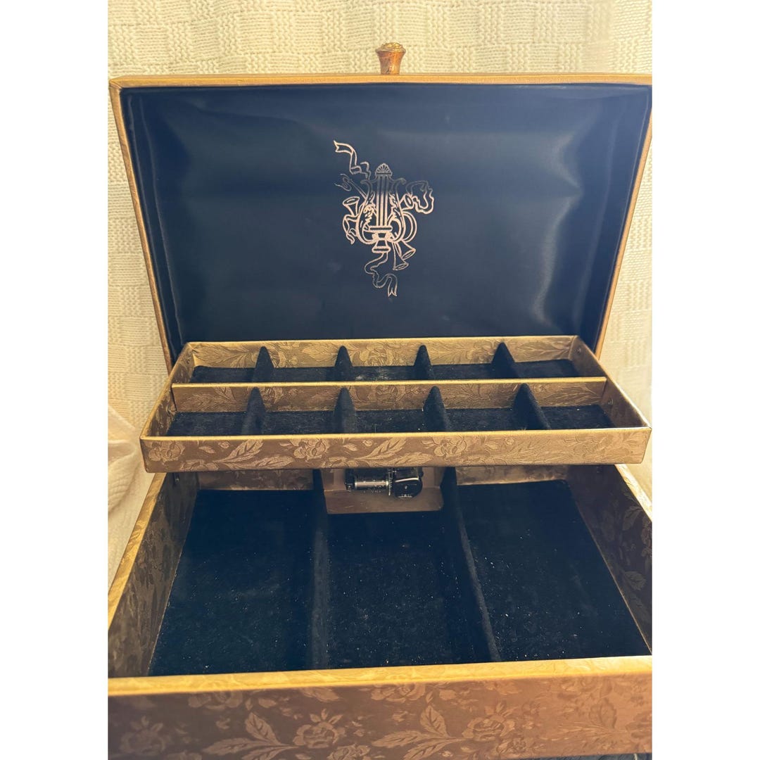 VTG Gold Floral Lady Buxton Jewelry Box Black Velvet Lining Working ...