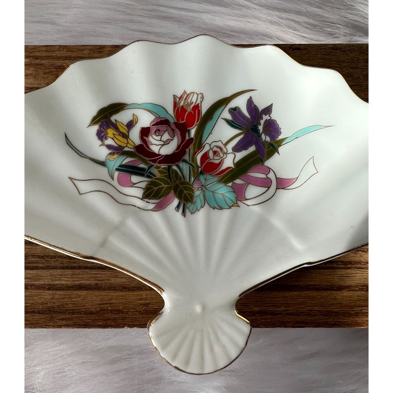 VTG UCAGO Japanese Porcelain Fan Shaped Trinket Dish W Flowers & Gold ...