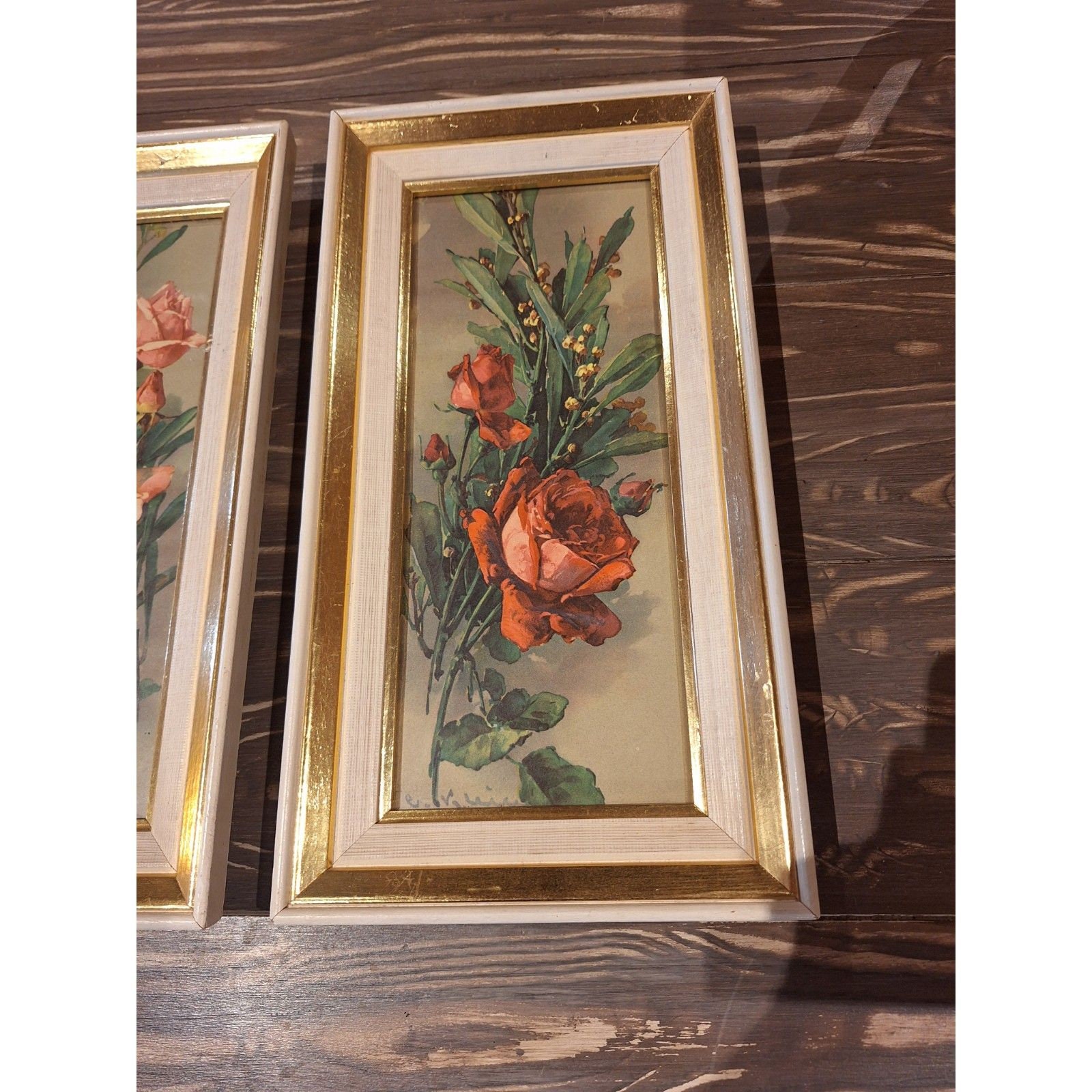 2 50's Prints in Frames Mid Century Kitsch Art Roses Floral Prints Wall ...