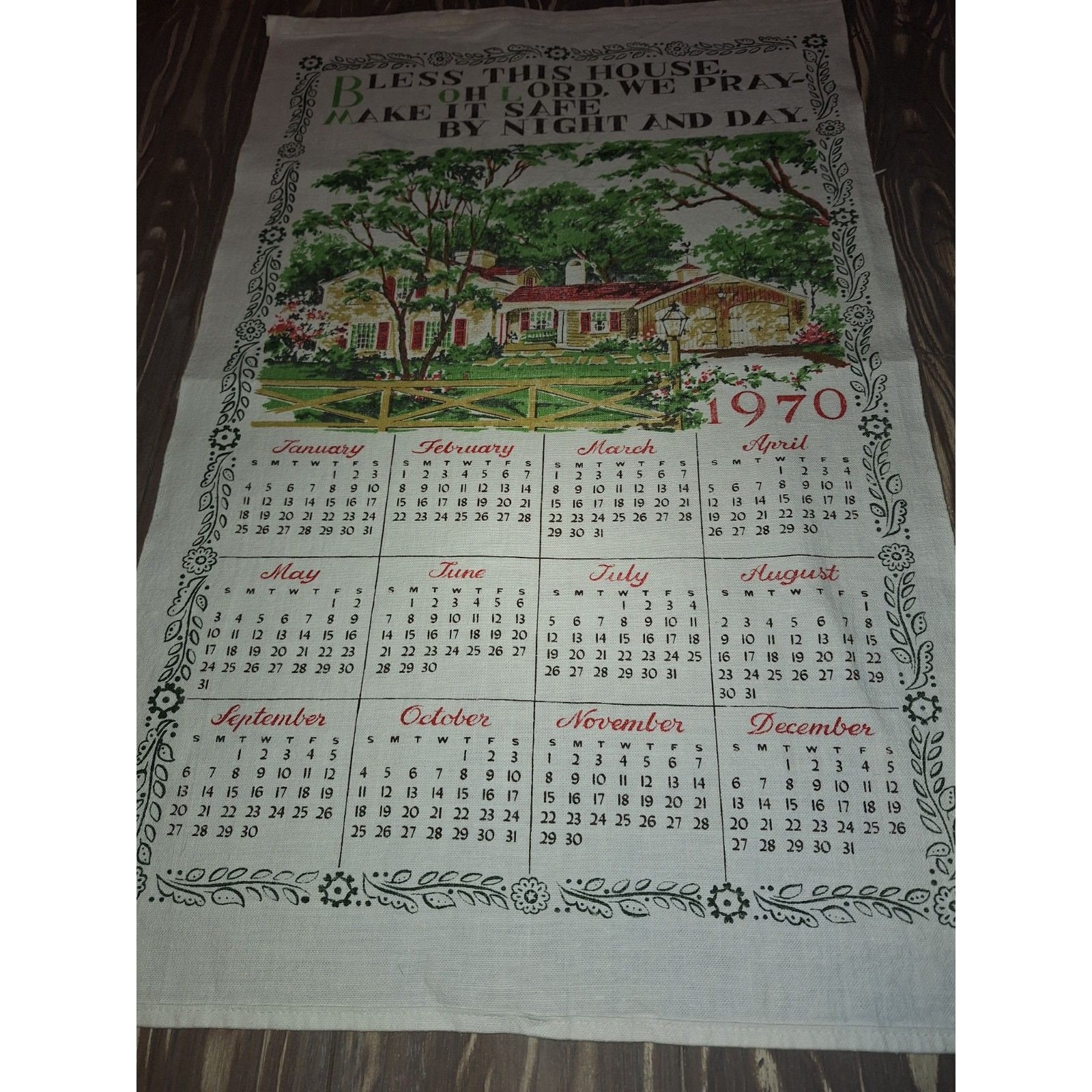 1970 Linen Cloth Kitchen Towel Calendar Wall Hanging Bless This House ...