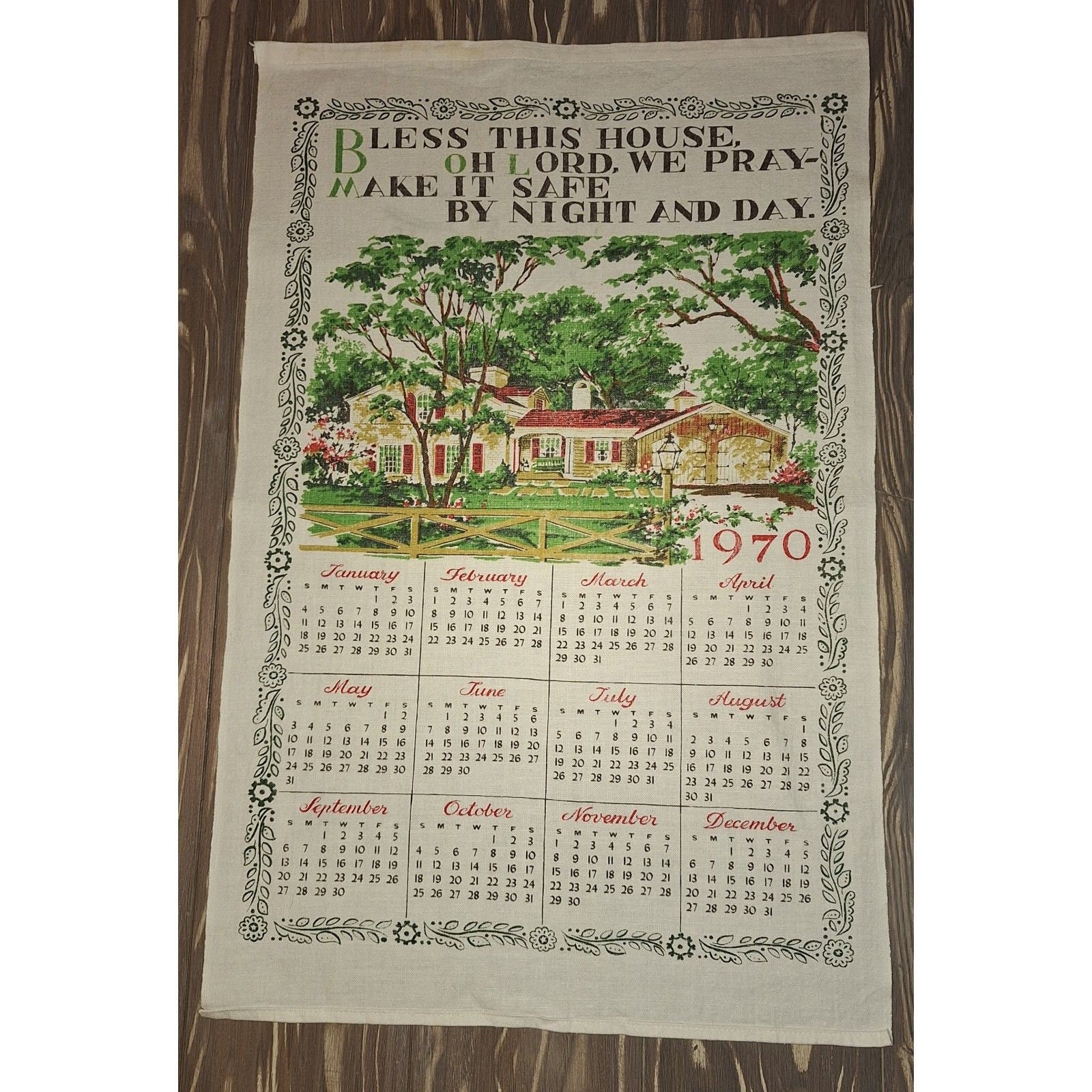 1970 Linen Cloth Kitchen Towel Calendar Wall Hanging Bless This House ...