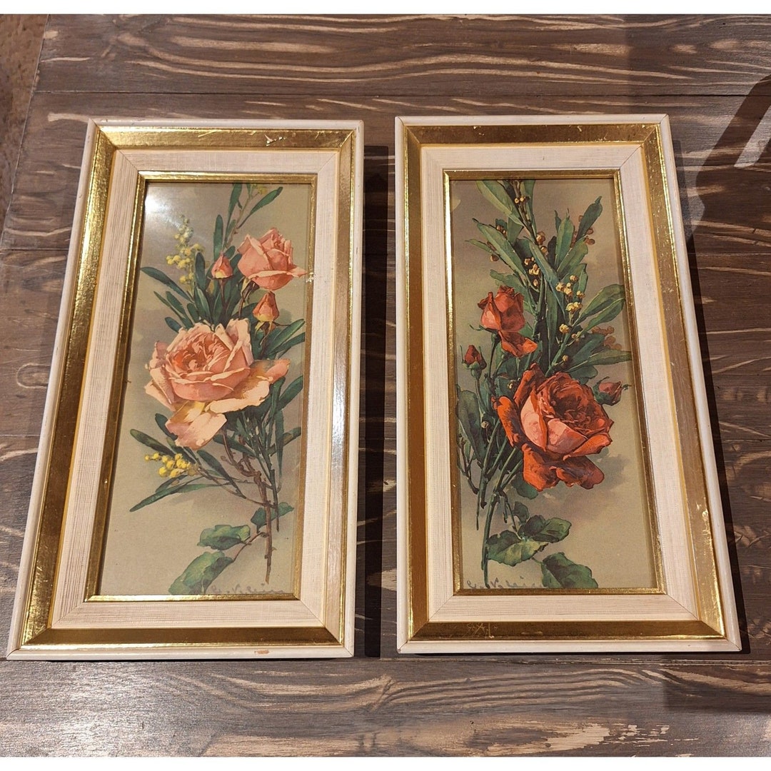 2 50's Prints in Frames Mid Century Kitsch Art Roses Floral Prints Wall ...
