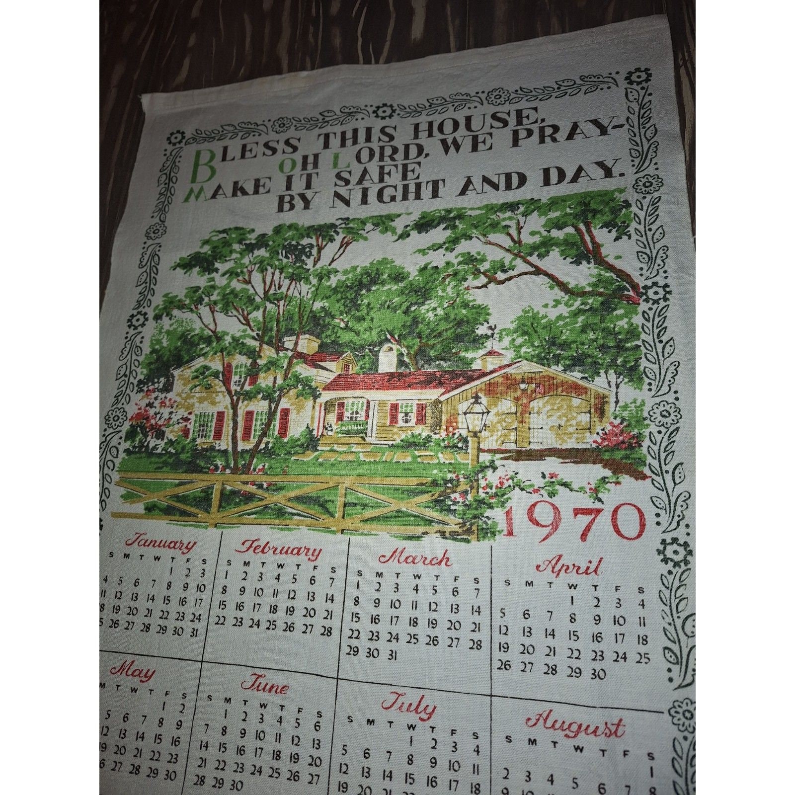 1970 Linen Cloth Kitchen Towel Calendar Wall Hanging Bless This House ...