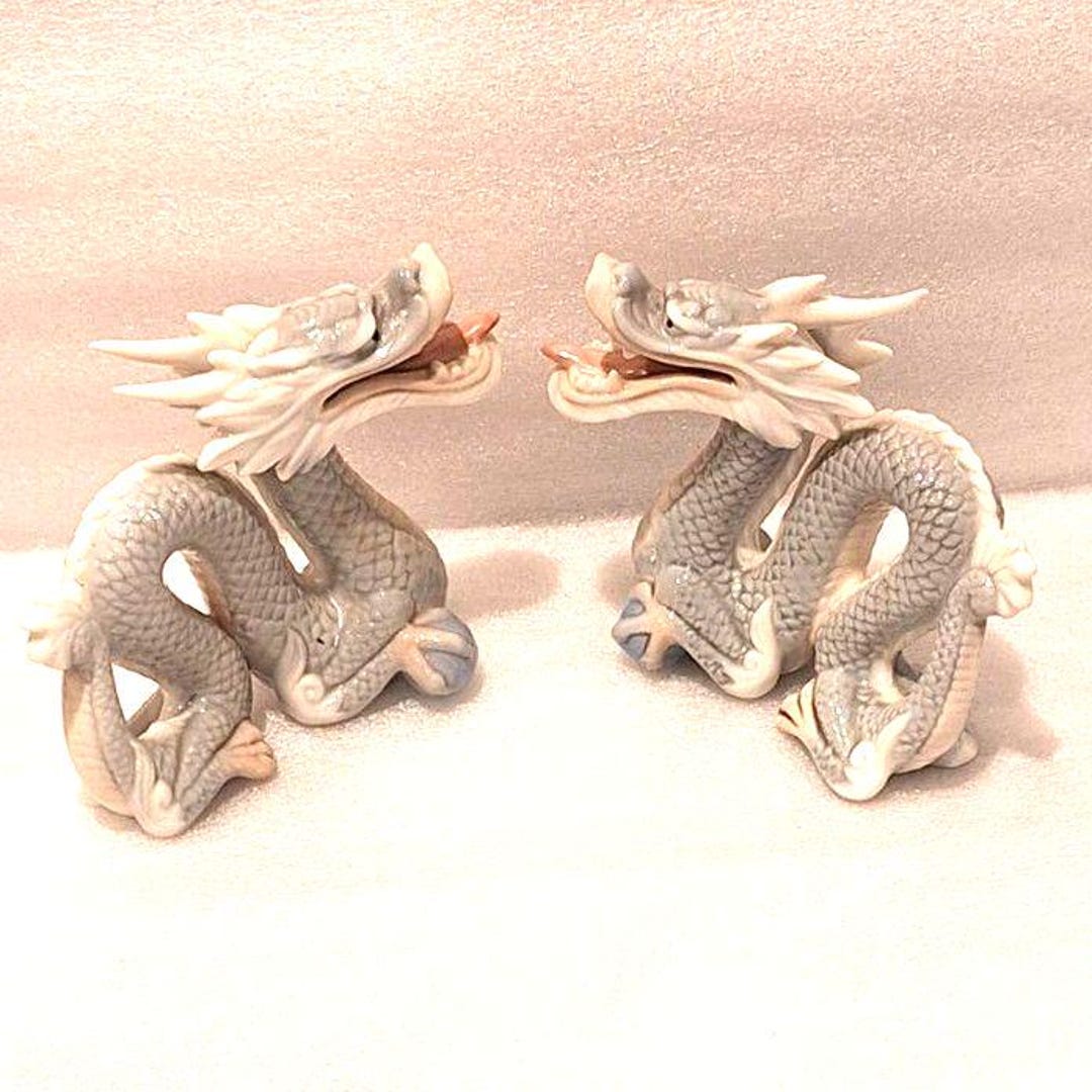 Vintage Chinese Foo Dragon Porcelain Figurine Pair Blue Sphere - Etsy