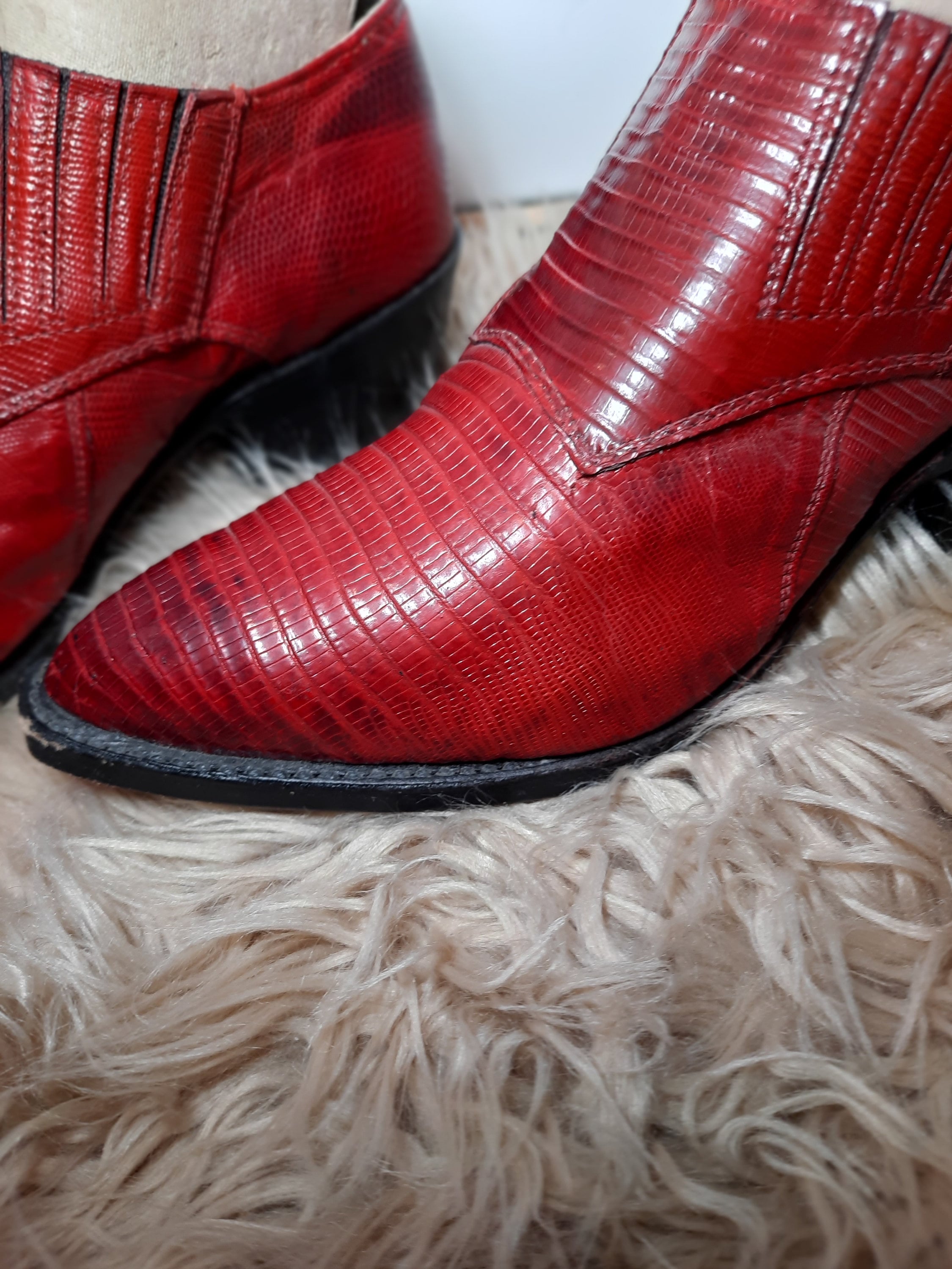VTG 80's Red Leather Reptile Look Booties, Vintage Ankle Boots Size 6.5 ...