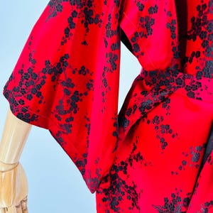 Vintage Ruby Red Satin Brocade Kimono Style Robe W Black Floral ...