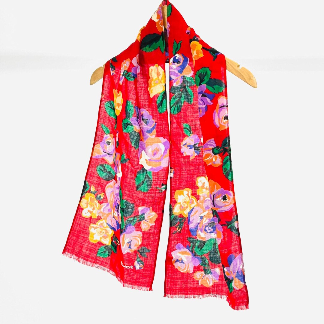 90s Echo Red Floral Rectangle 100% WOOL Scarf - Etsy