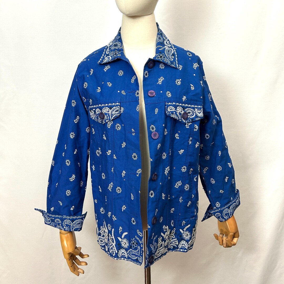 Vintage 90s the Quacker Factory Blue Denim Twill Bandana Print Paisley ...