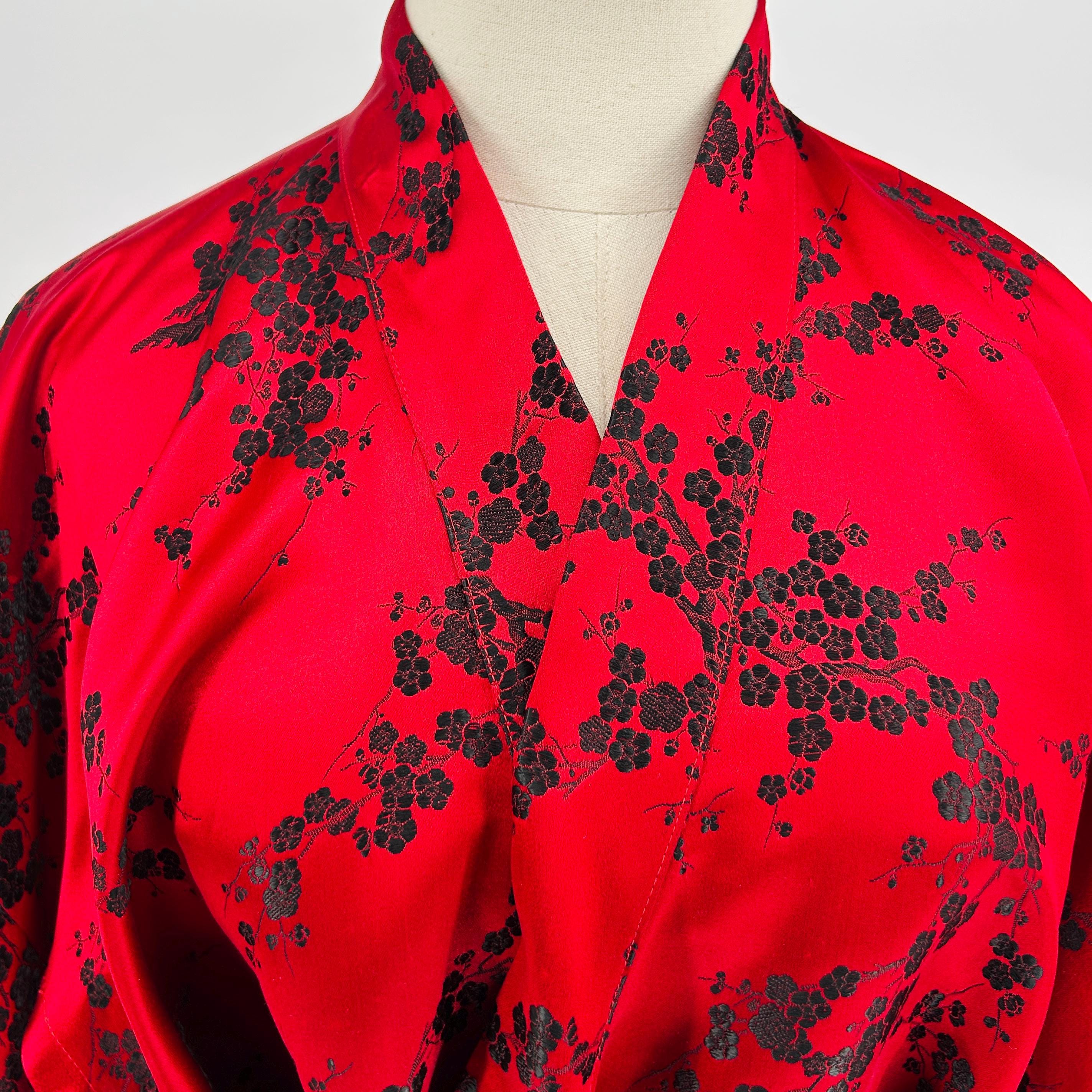 Vintage Ruby Red Satin Brocade Kimono Style Robe W Black Floral ...