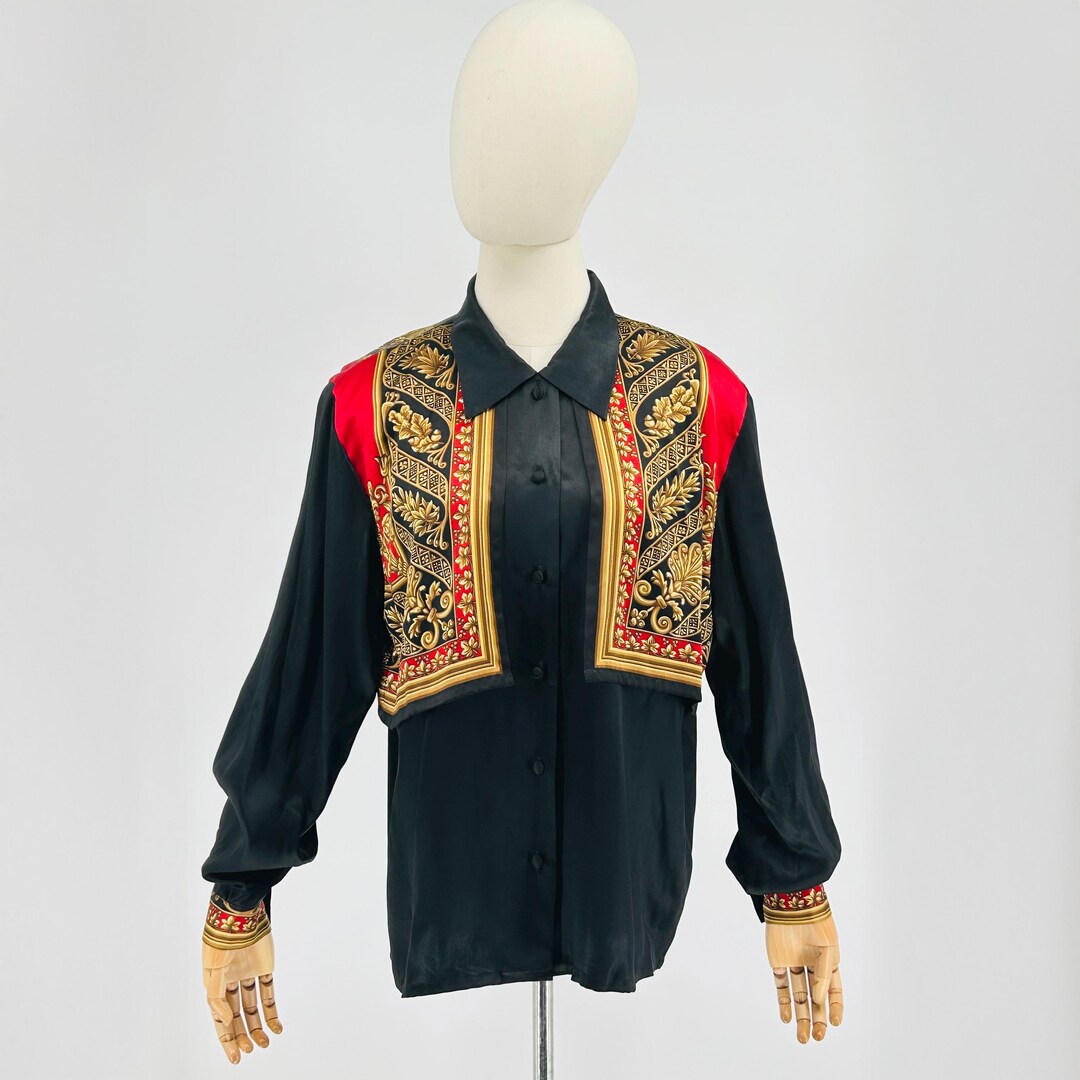 Vintage 90s Corey B New York 100% Silk Satin Black Red Baroque Long ...