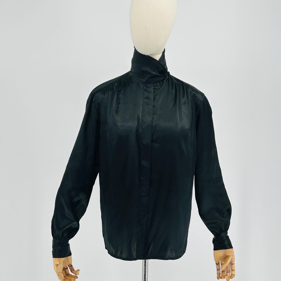 Vintage 80s Susan Hutton Black Satin High Neck Long Sleeve Lady Blouse ...