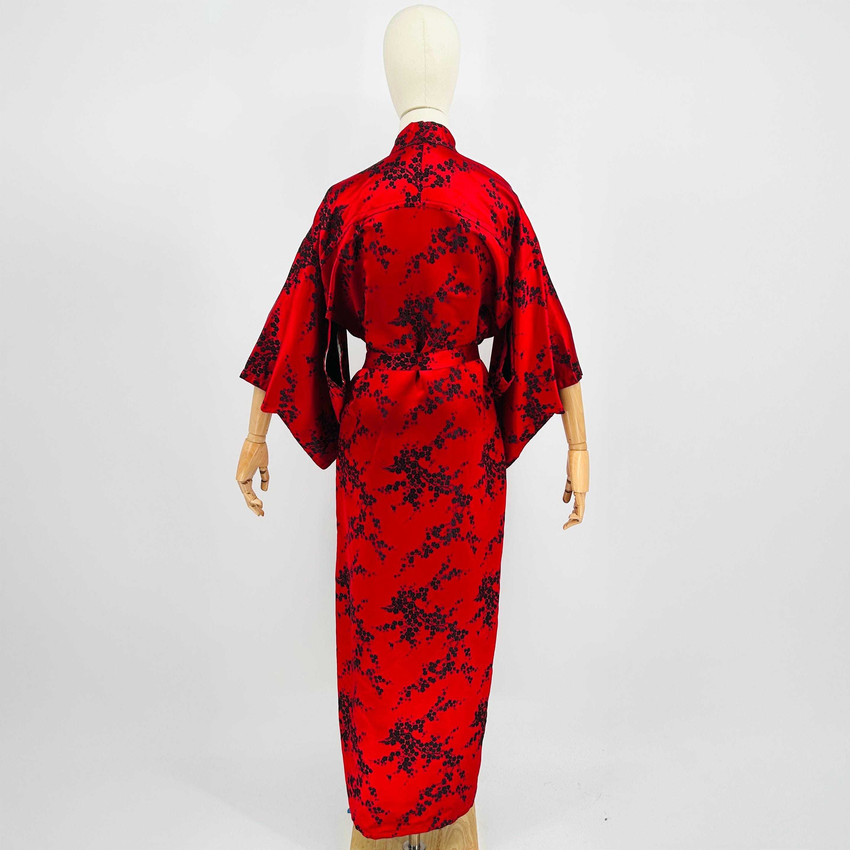Vintage Ruby Red Satin Brocade Kimono Style Robe W Black Floral ...