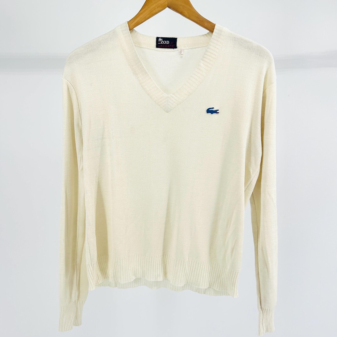 80s Izod Lacoste Cream White V-neck Sweater With Blue Alligator Patch ...