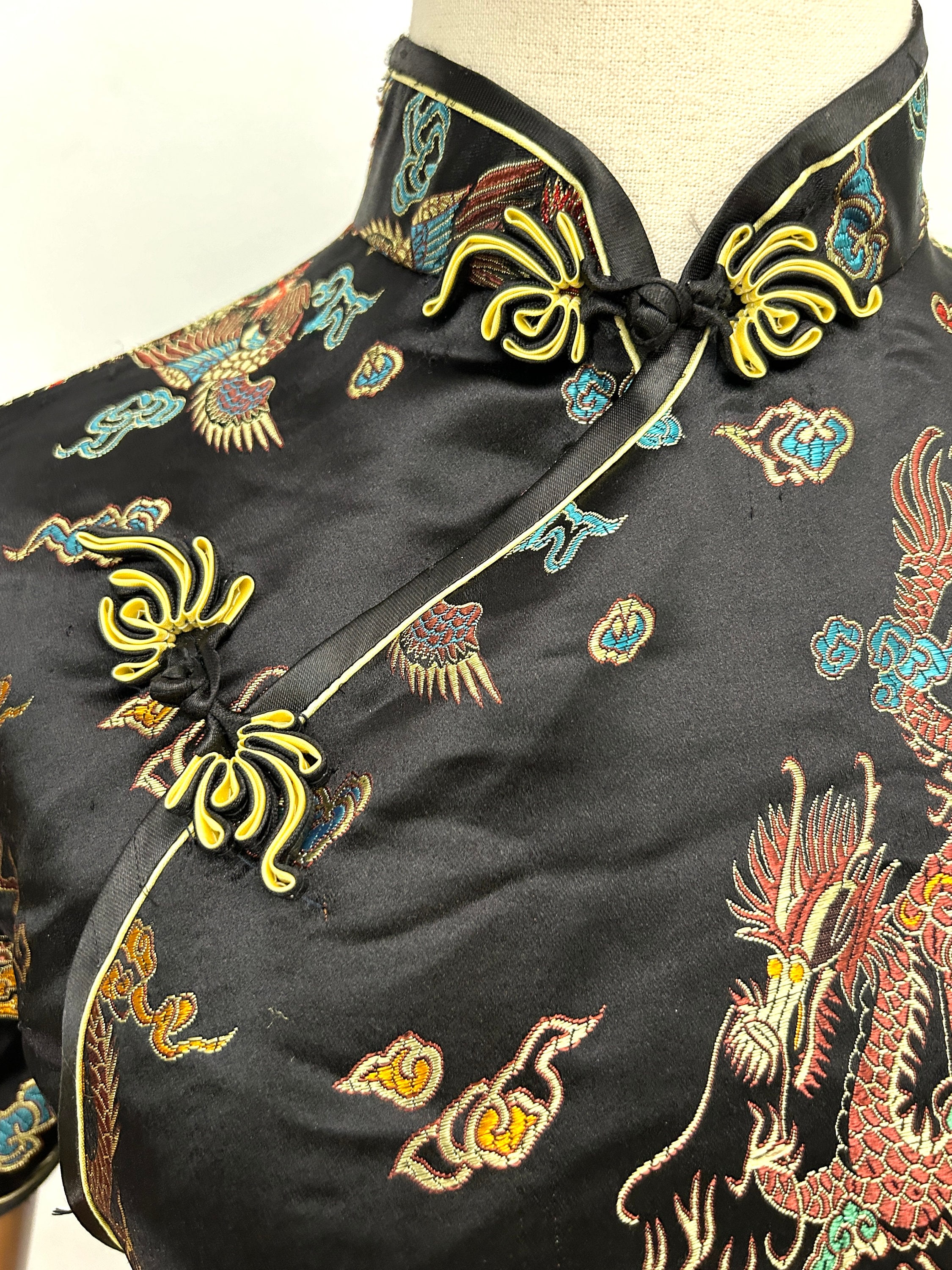 Traditional Chinese Oriental Dragon Black Satin Dress Lian Lin Mandarin ...