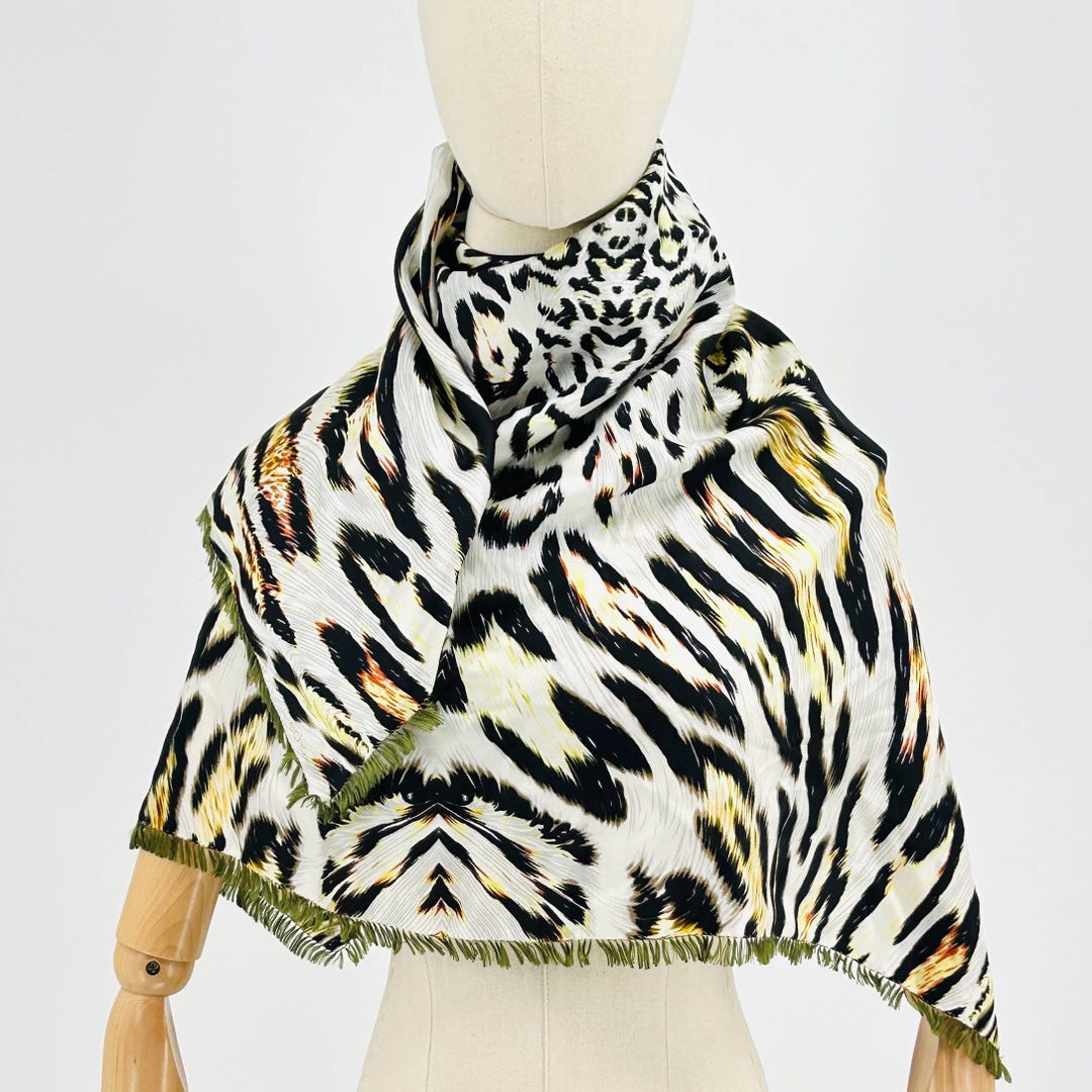 Echo White Tiger Print Silk Large Square Scarf With Green Fringe 34” - Etsy
