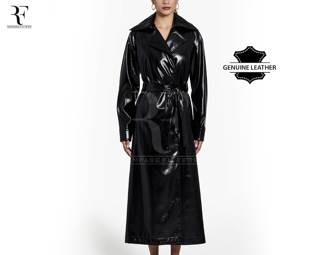 Women Glossy Black Long Coat Patent Leather PVC Vinyl Trench Coat ...
