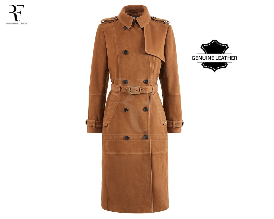 Women Suede Leather Trench Coat Genuine Leather Ladies Long Coat With ...