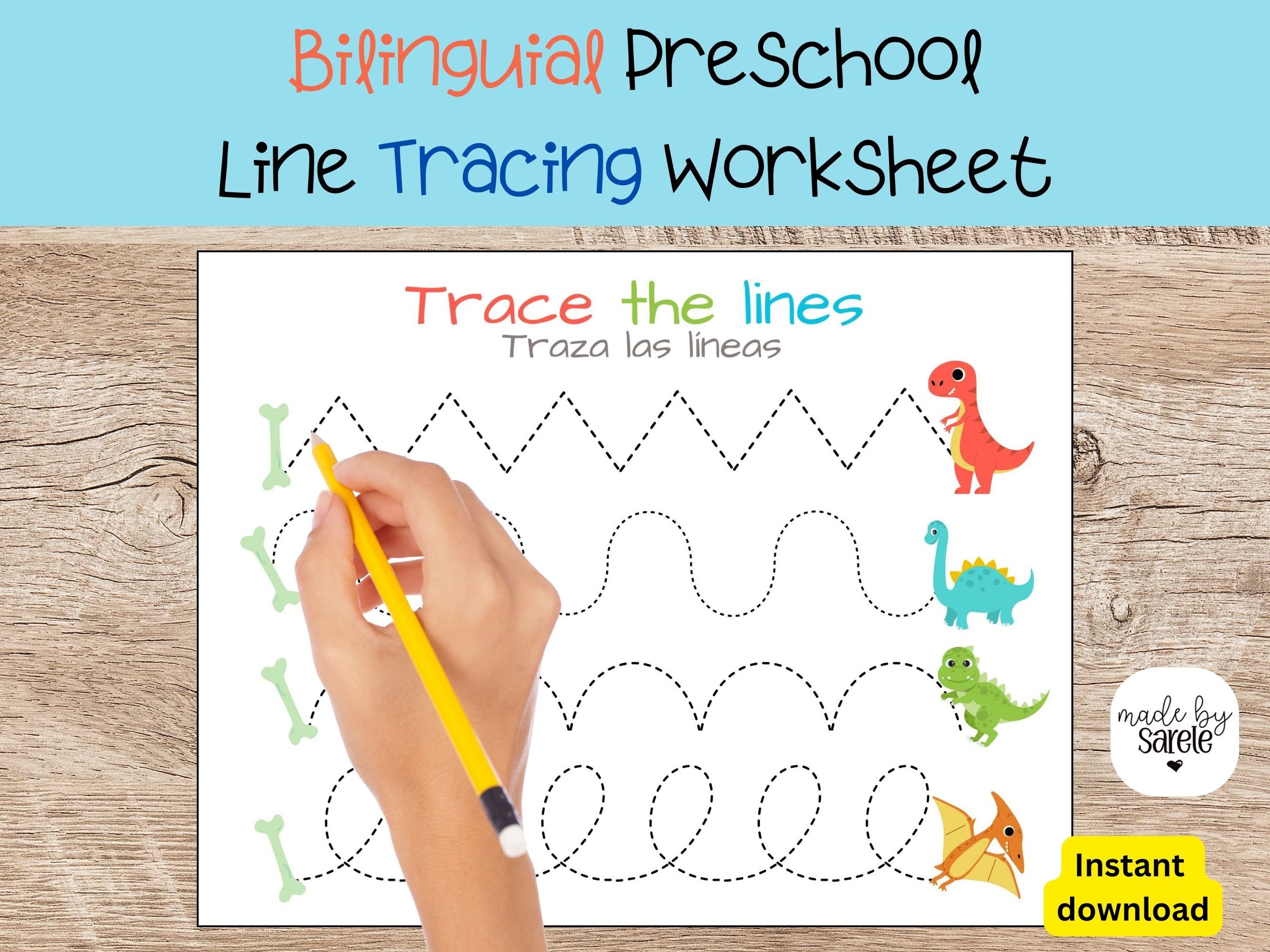 Bilingual Preschool Handwriting Worksheet Line Tracing Dinosaur Español ...
