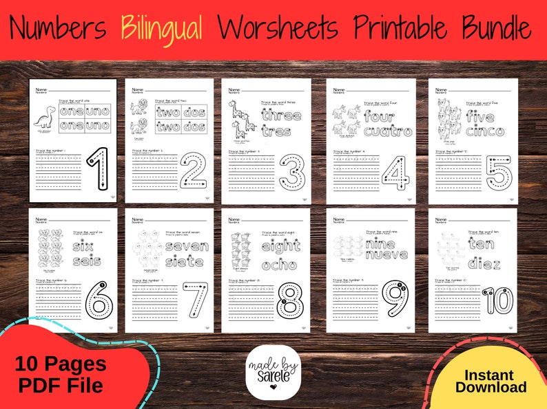 Numbers Bilingual Worksheet Printable Bundle | Práctica Números Español ...