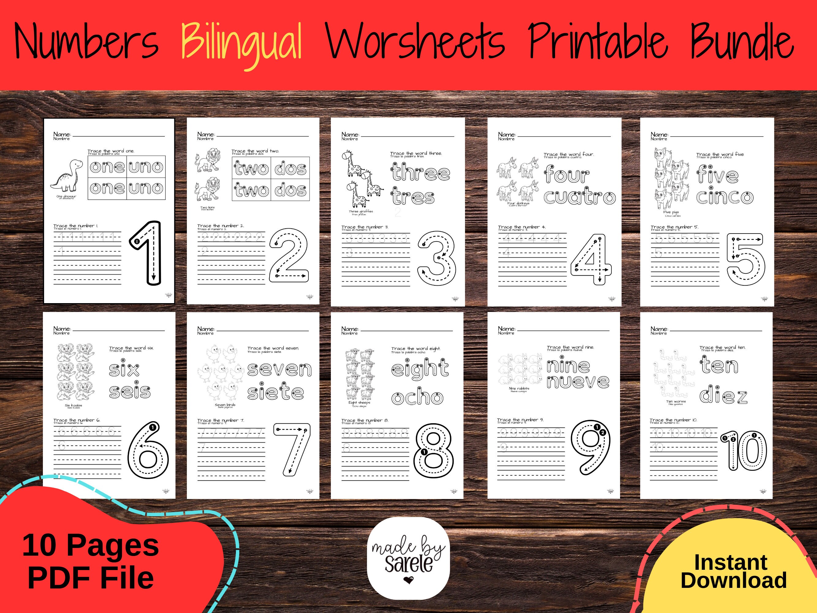 Numbers Bilingual Worksheet Printable Bundle | Práctica Números Español ...
