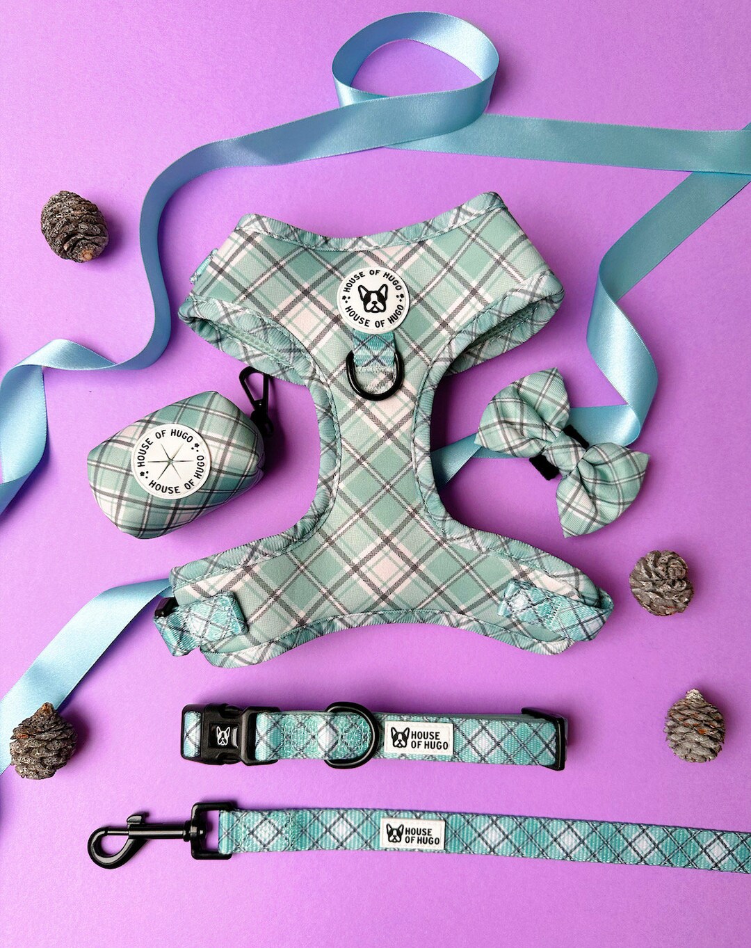 Sage Green Check Dog Harness Bundle – Collar, Lead, Bow Tie & Waste Bag ...