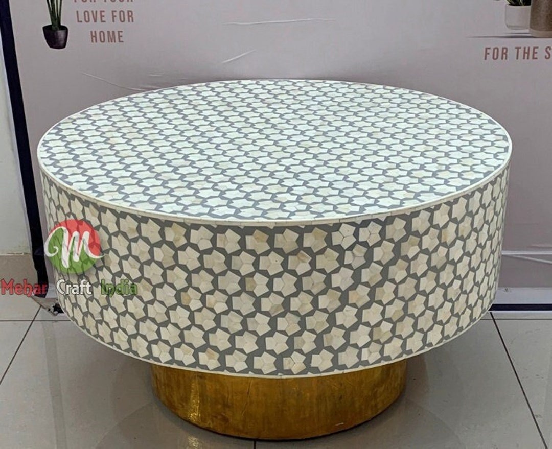 Handmade Bone Inlay Round Coffee Table: Gray Living Room Decor - Etsy
