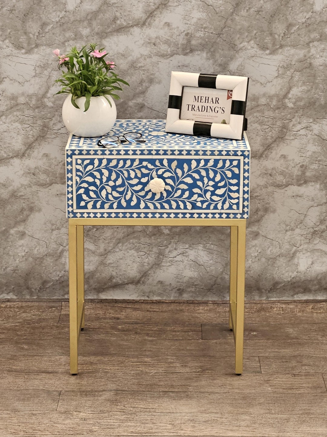 Handmade Bone Inlay Nightstand: Floral Accent Table With Golden Legs - Etsy