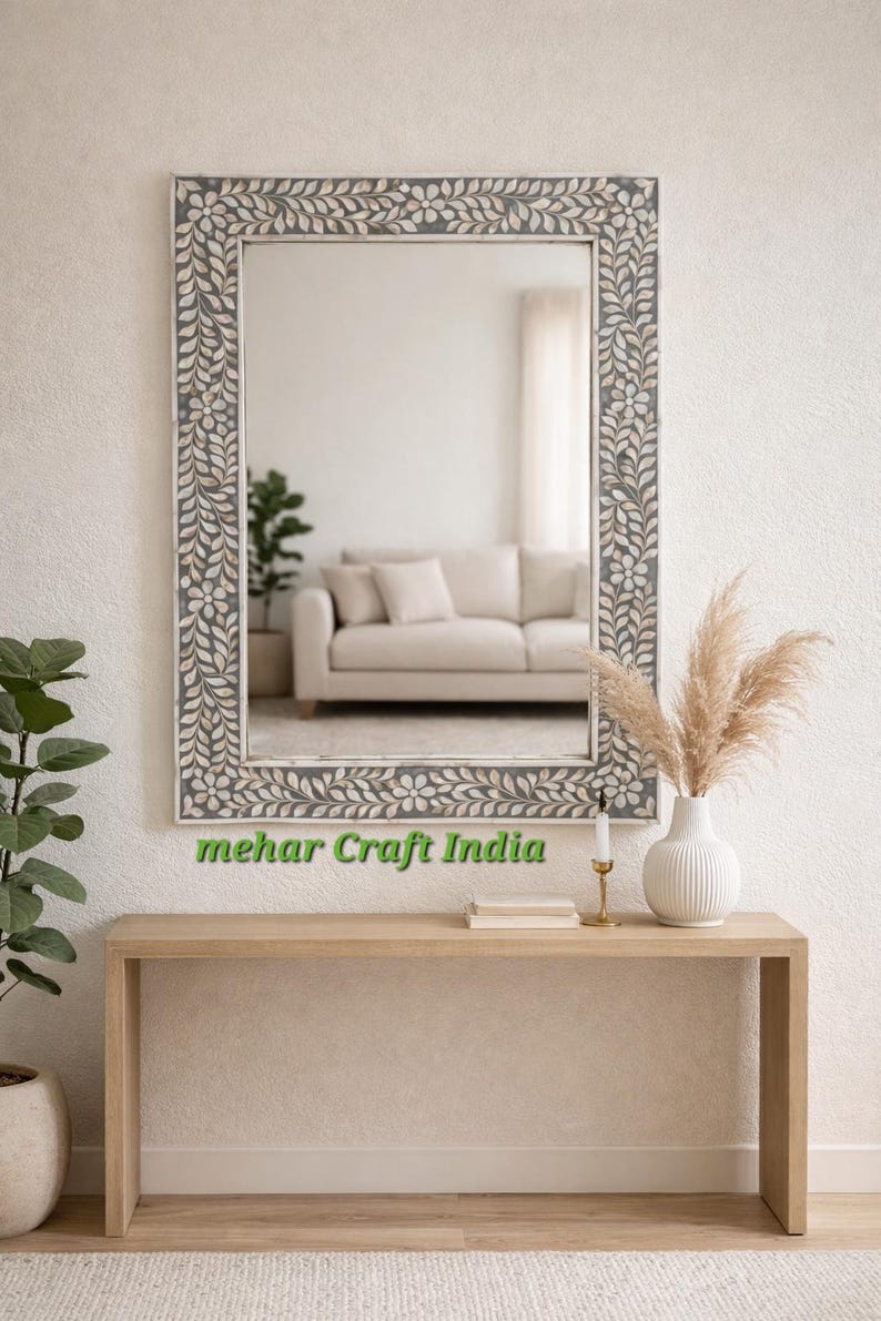 Mother of Pearl Inlay Wall Mirror | Floral Vine MOP Frame | Handmade ...